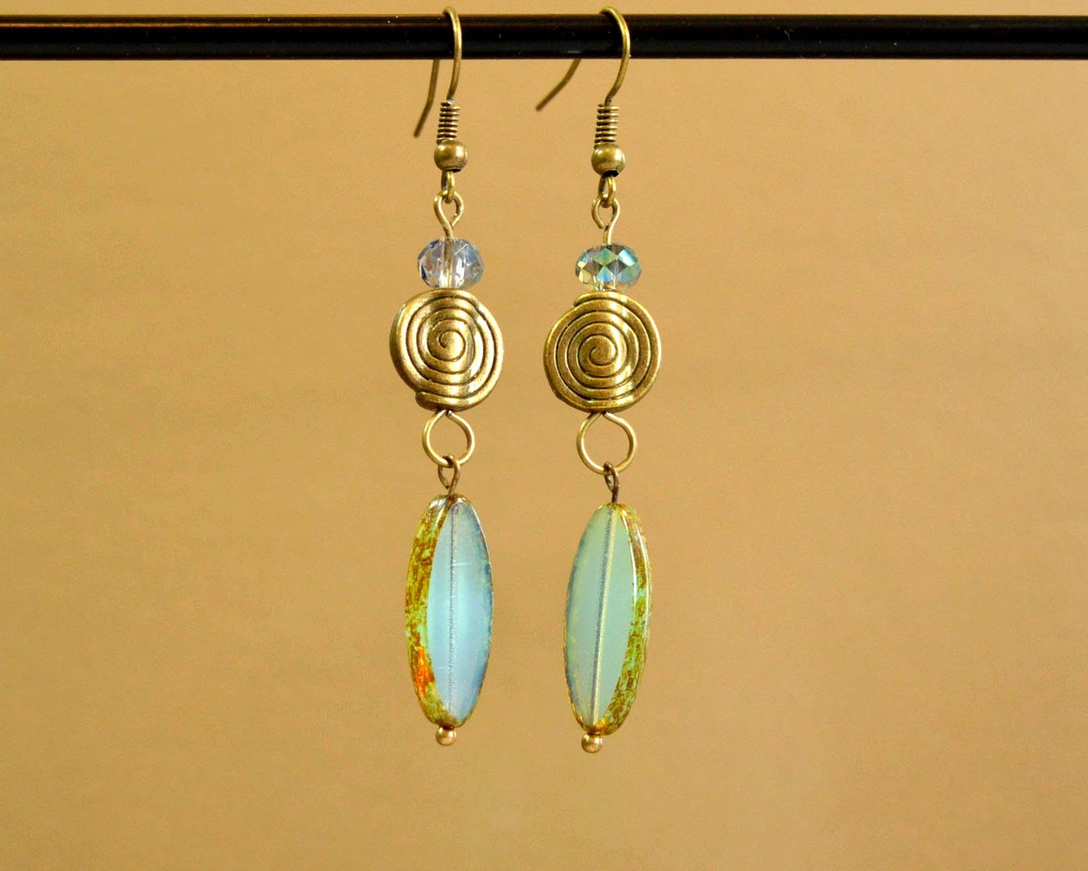 Aqua & Brass Dangle Earrings: Satin Spindles With Picasso - Etsy