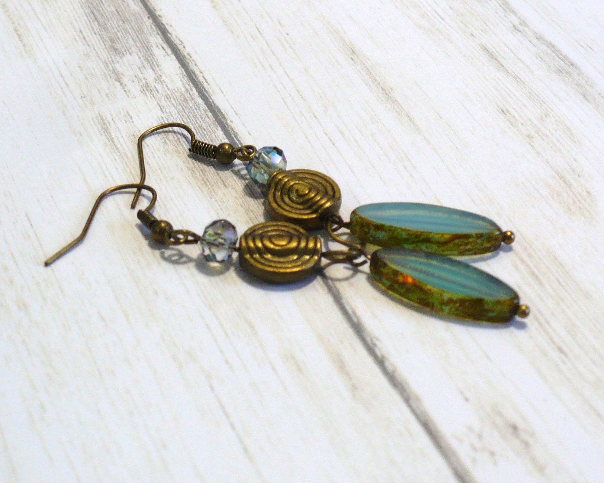 Aqua & Brass Dangle Earrings: Satin Spindles With Picasso - Etsy