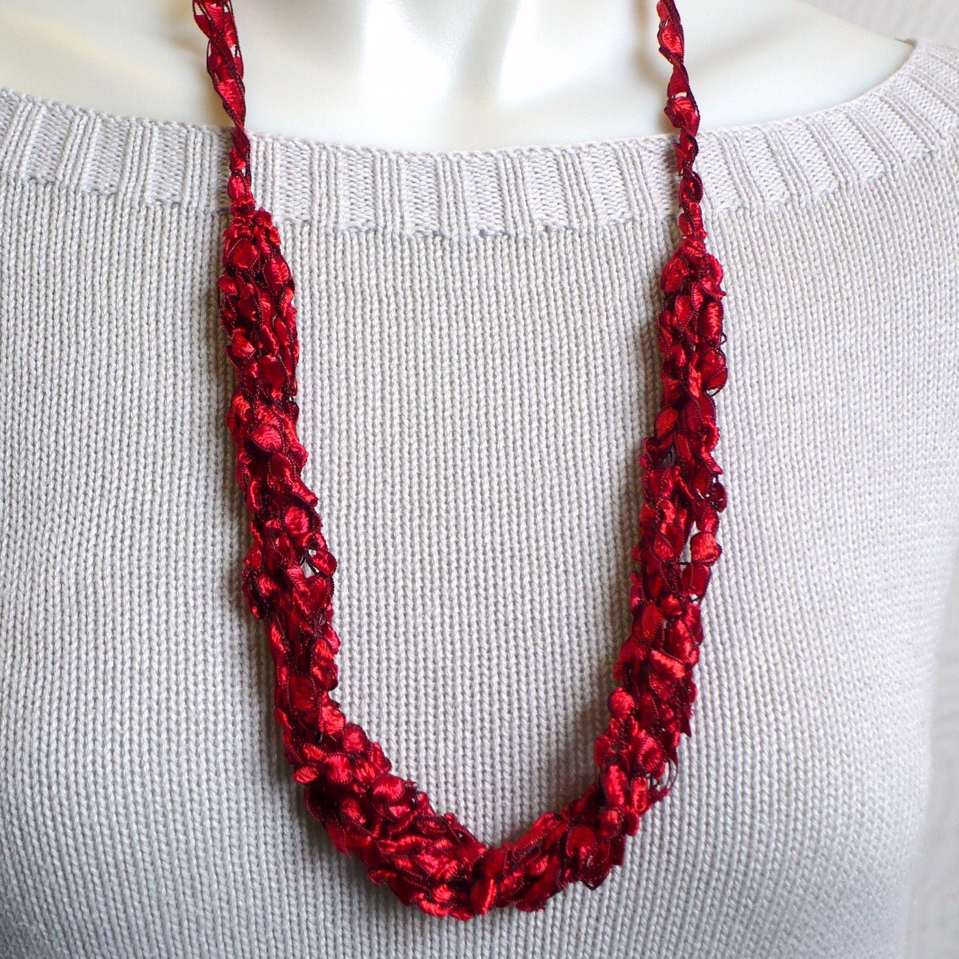 Red Ladder Yarn Necklace: Red Ribbon Necklace, Crochet Choker, Fiber ...
