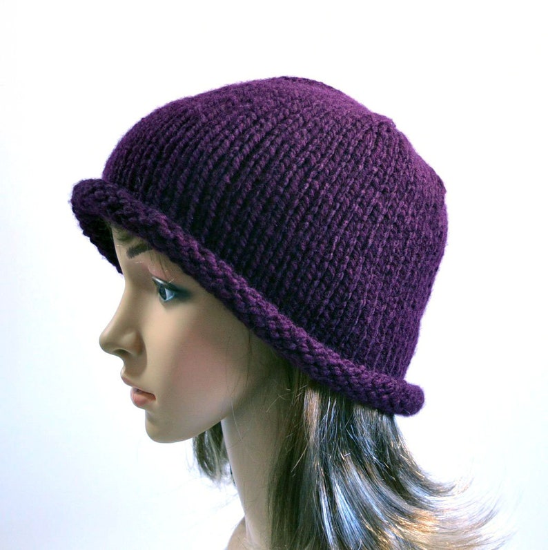 Hand Knit Deep Purple Hat: Rolled Brim Beanie in Easy Care Acrylic ...