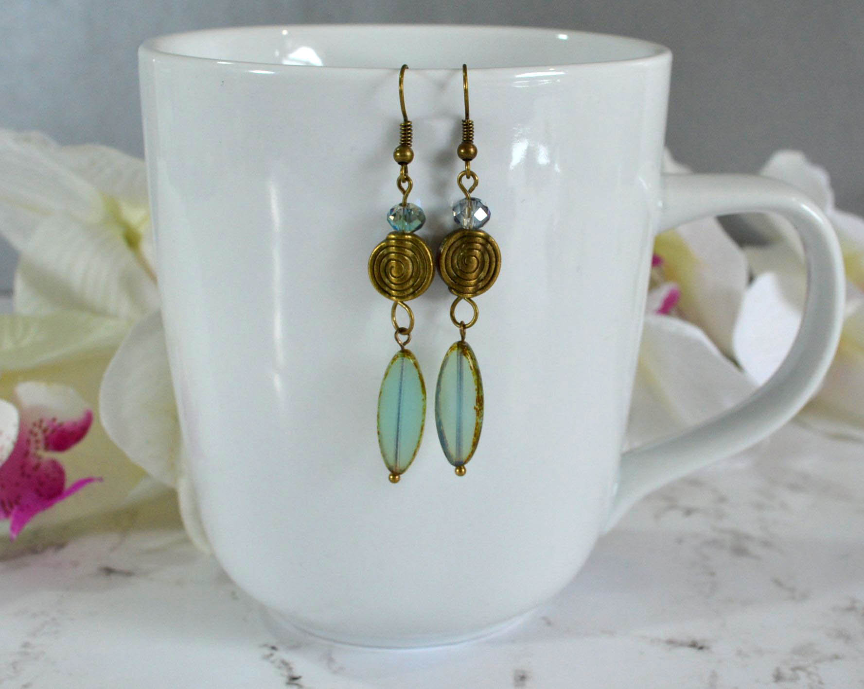 Aqua & Brass Dangle Earrings: Satin Spindles With Picasso - Etsy