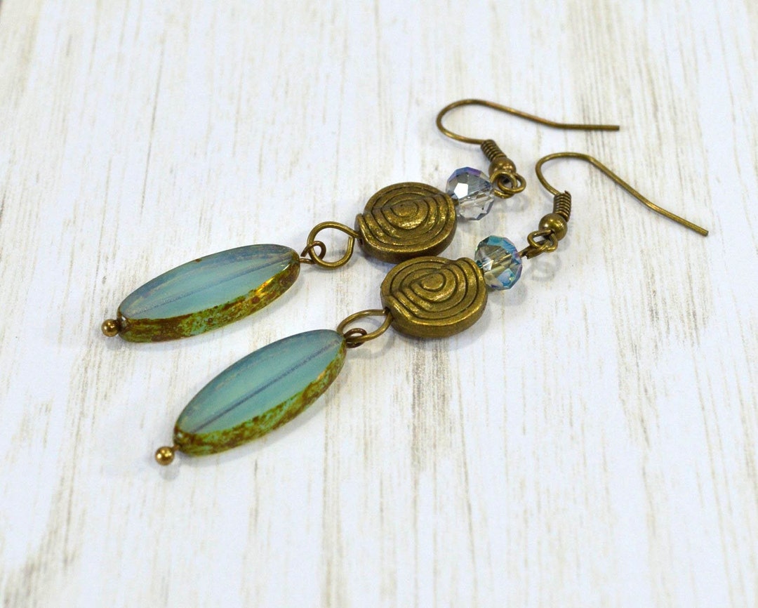 Aqua & Brass Dangle Earrings: Satin Spindles With Picasso Trim, Nickle ...