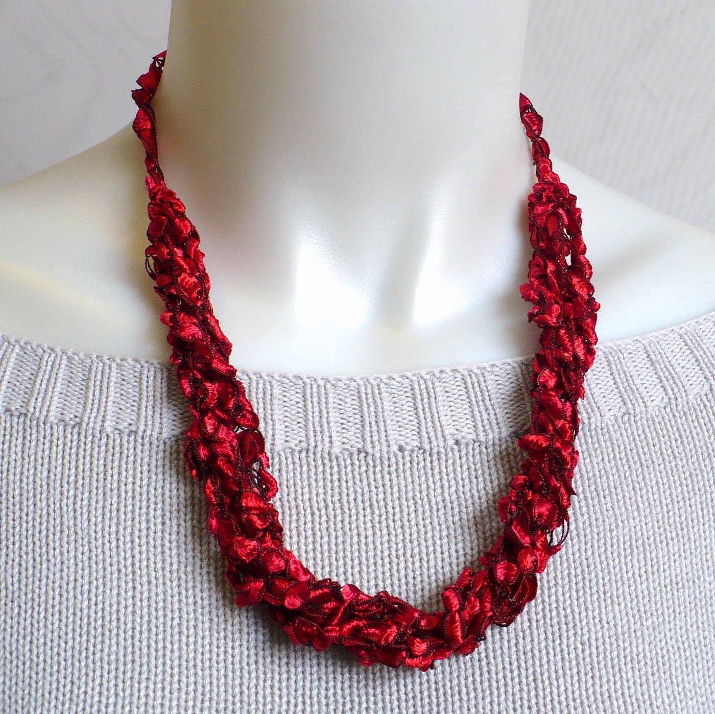 Red Ladder Yarn Necklace: Red Ribbon Necklace, Crochet Choker, Fiber ...