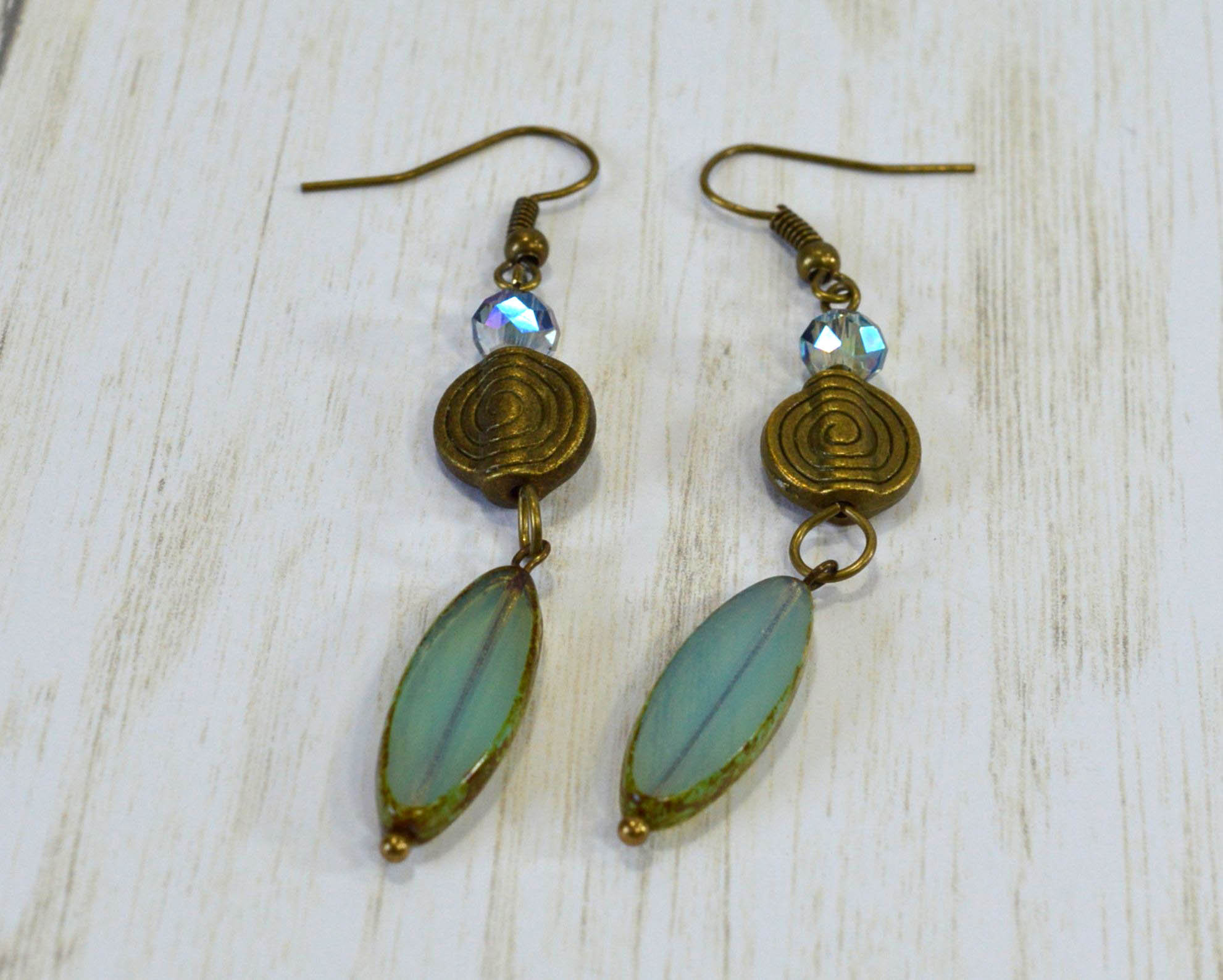 Aqua & Brass Dangle Earrings: Satin Spindles With Picasso - Etsy