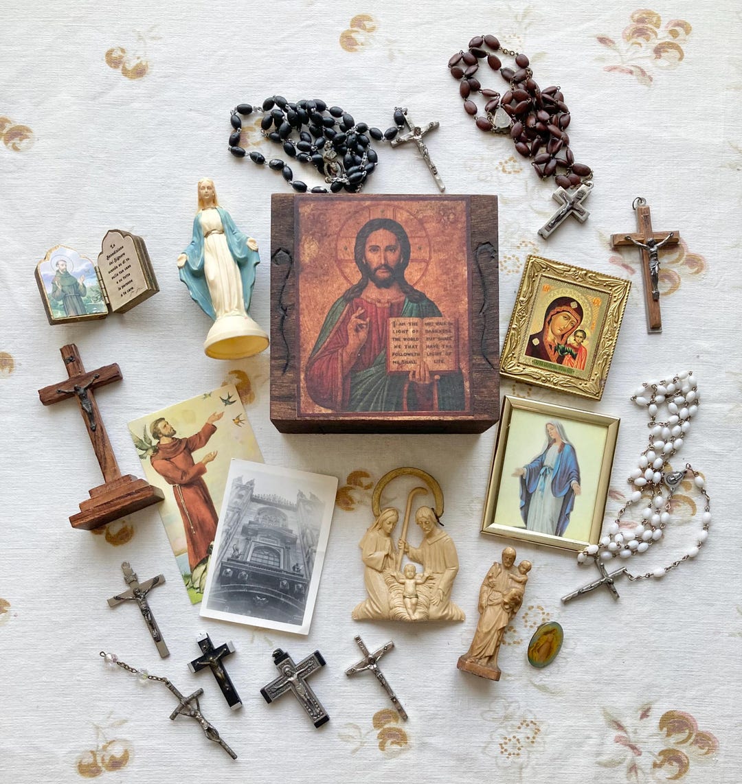 Religious Spiritual Collection~rosaries~crucifixes~wood Box~assemblage ...