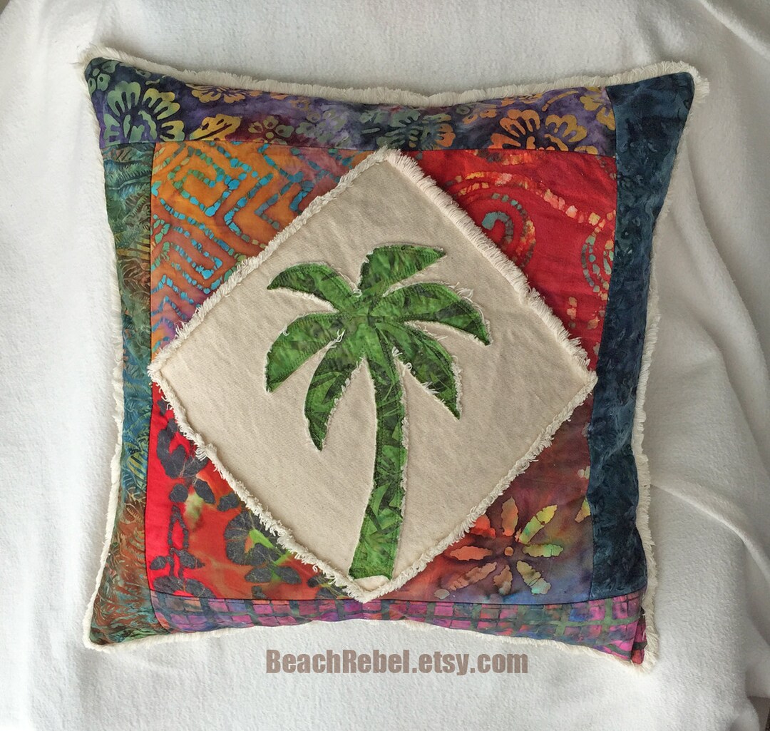 Palm Tree Pillow Cover: Batik Patchwork, Distressed Denim, Boho ...