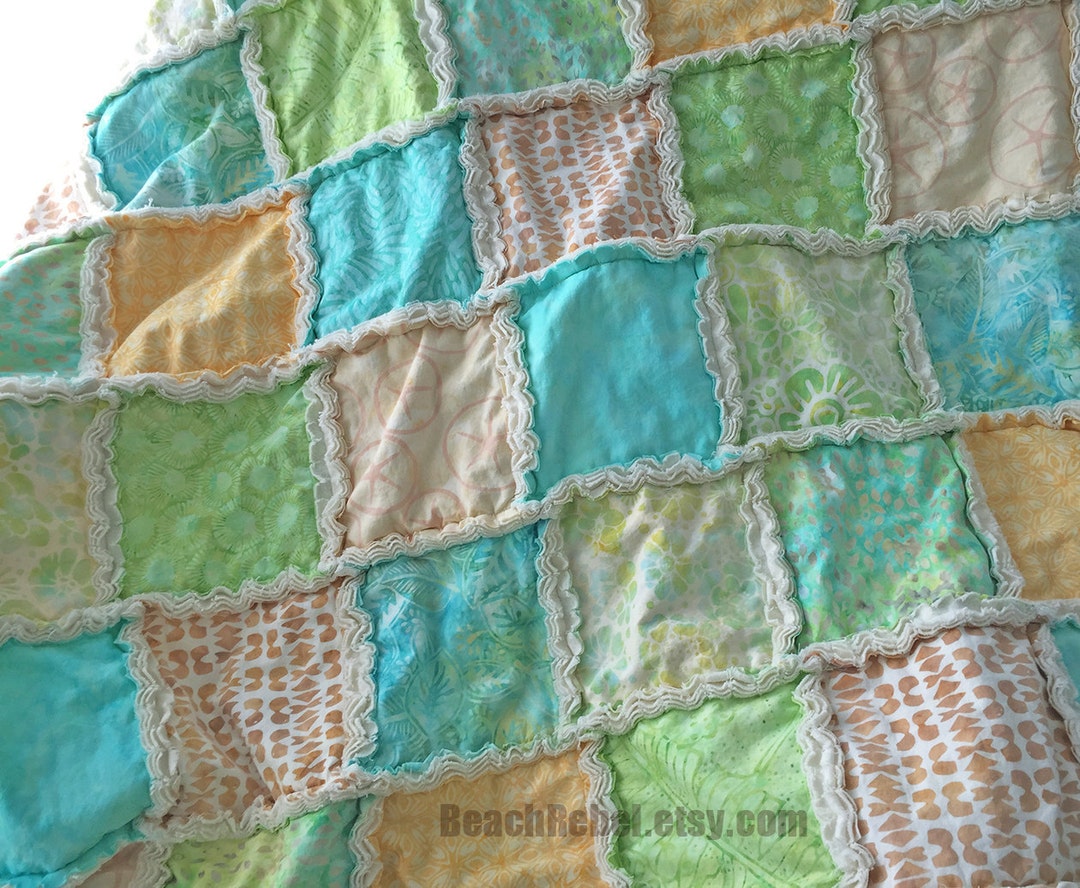 Batik Rag Quilt Throw in Aqua Yellow Green and Tan With Ivory Double ...