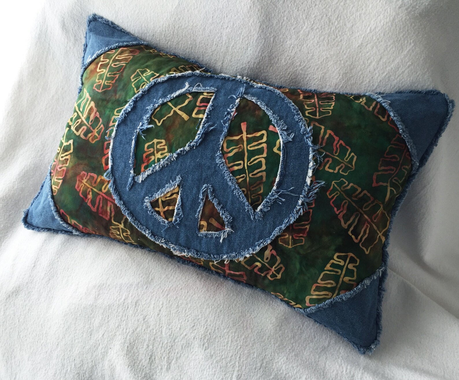 Peace Sign Boho Pillow Cover With Tropical Leaf Batik in Green, Yellow ...