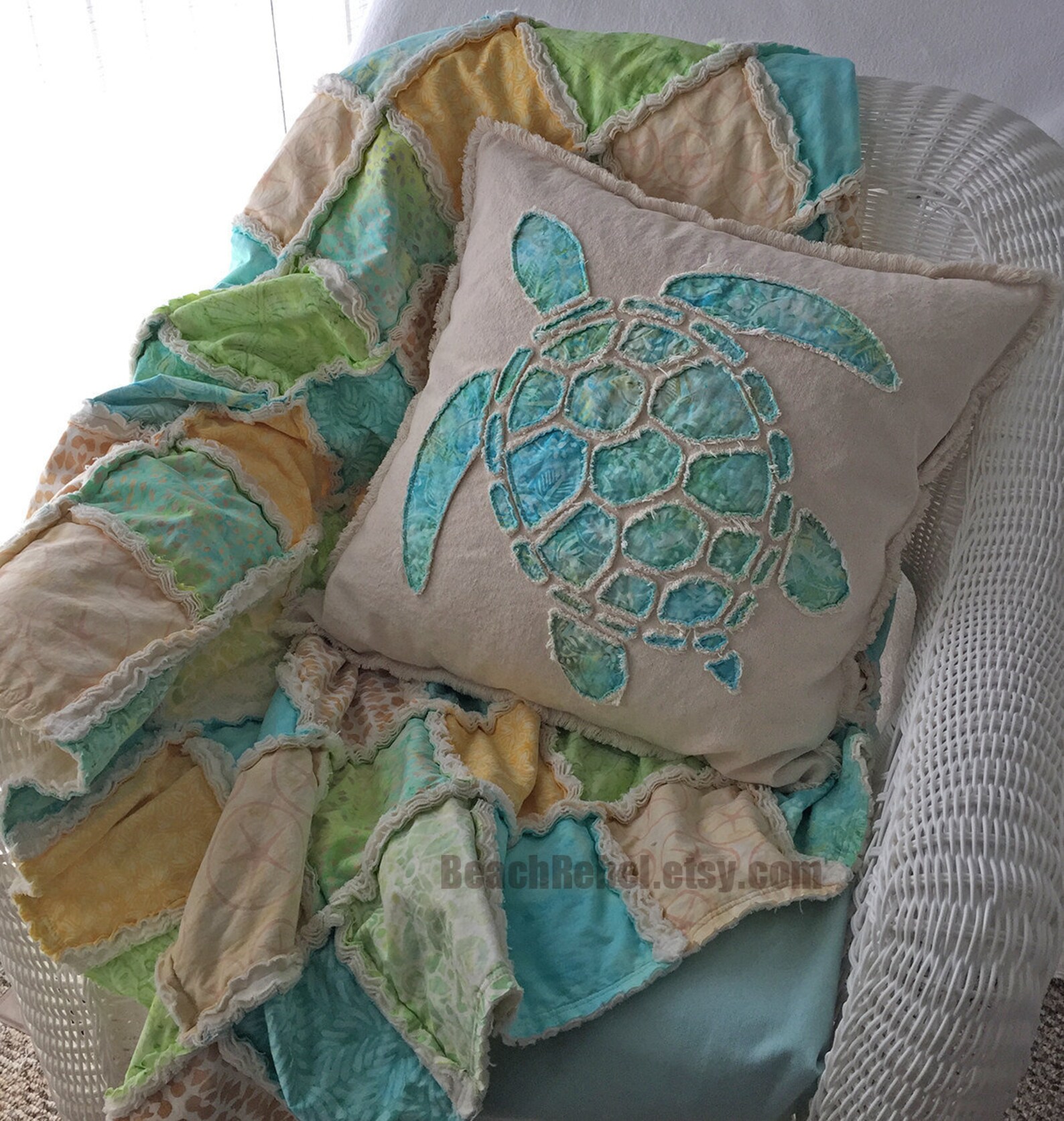 Batik Rag Quilt Throw in Aqua Yellow Green and Tan With Ivory - Etsy