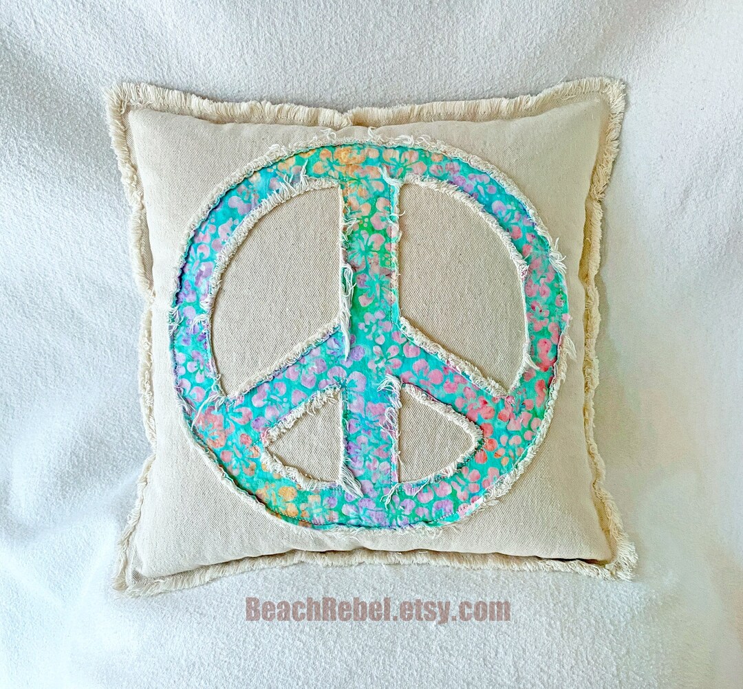 Peace Sign Applique Pillow Cover With Aqua, Pink Multi Color Flower ...