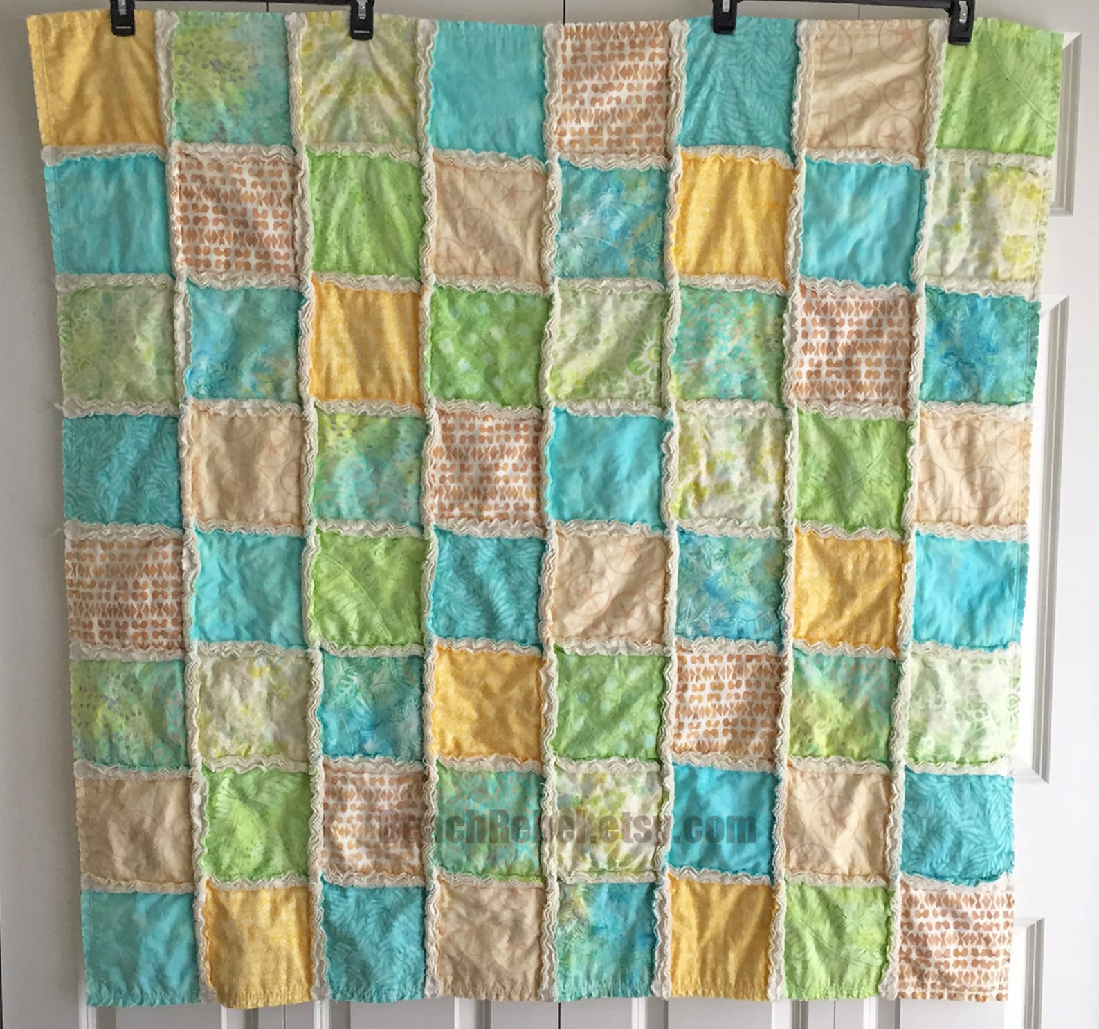 Batik Rag Quilt Throw in Aqua Yellow Green and Tan With Ivory - Etsy