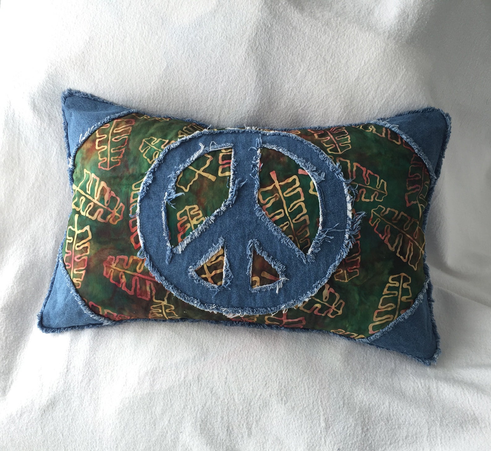 Peace Sign Boho Pillow Cover With Tropical Leaf Batik in Green, Yellow ...