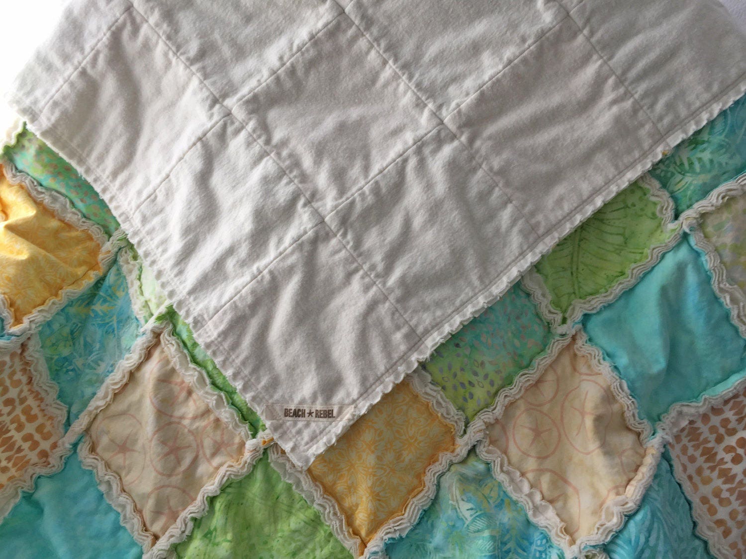 Batik Rag Quilt Throw in Aqua Yellow Green and Tan With Ivory - Etsy