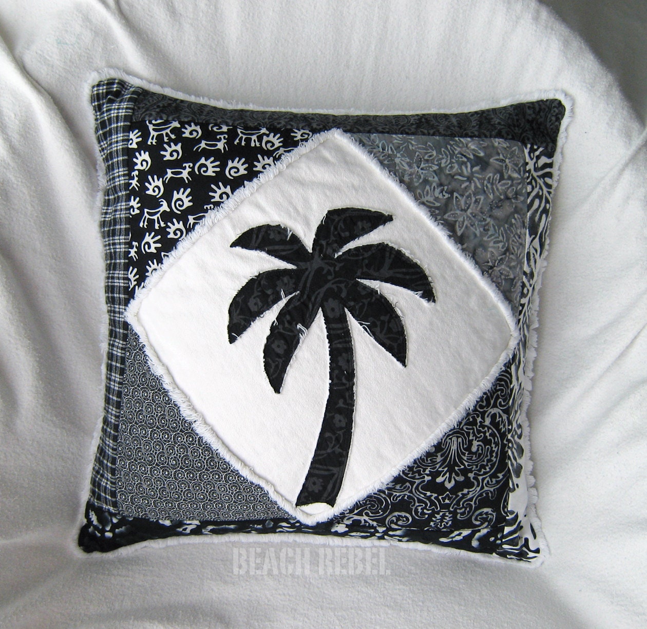 Patchwork palm tree boho pillow cover in black and white | Etsy