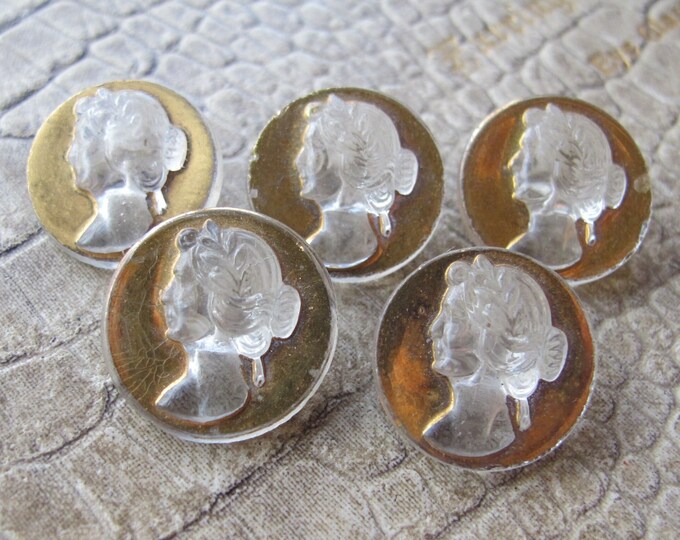 Cameo Glass Buttons, 5 Round Elegant Molded Pressed Glass Romanesque ...