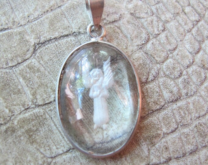 Intaglio Reverse Carved Quartz Crystal Gemstone Angel Bezel Set in 925 ...