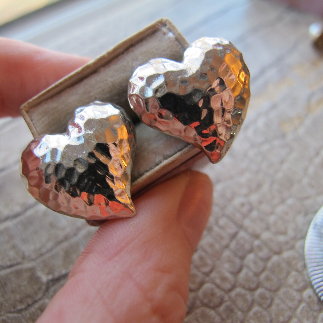 Hammered Textured Silver Plate Heart Shaped Pierced Earrings. Vintage ...