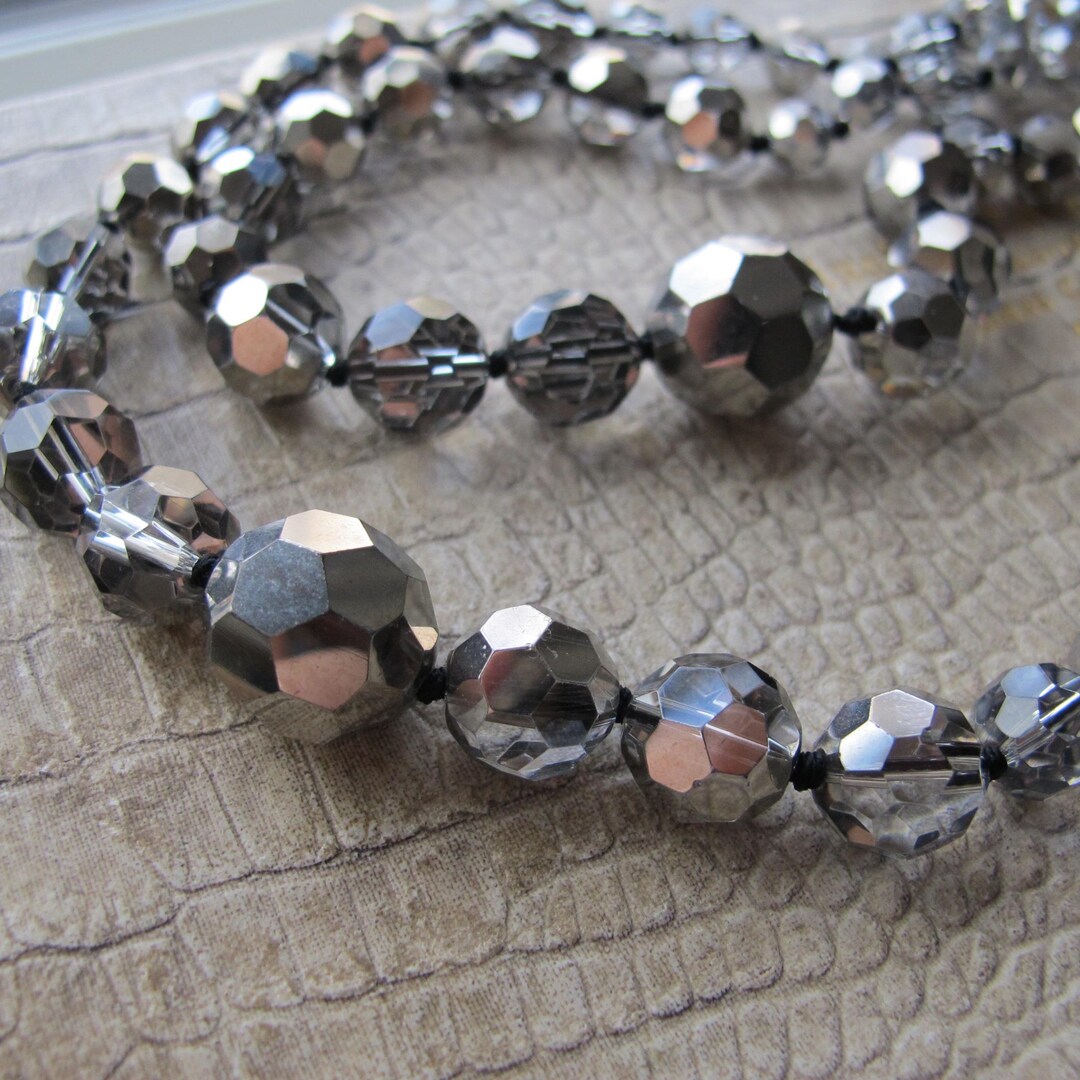 Long Metallic N Clear Smoke Disco Silver Faceted Bead Necklace ...