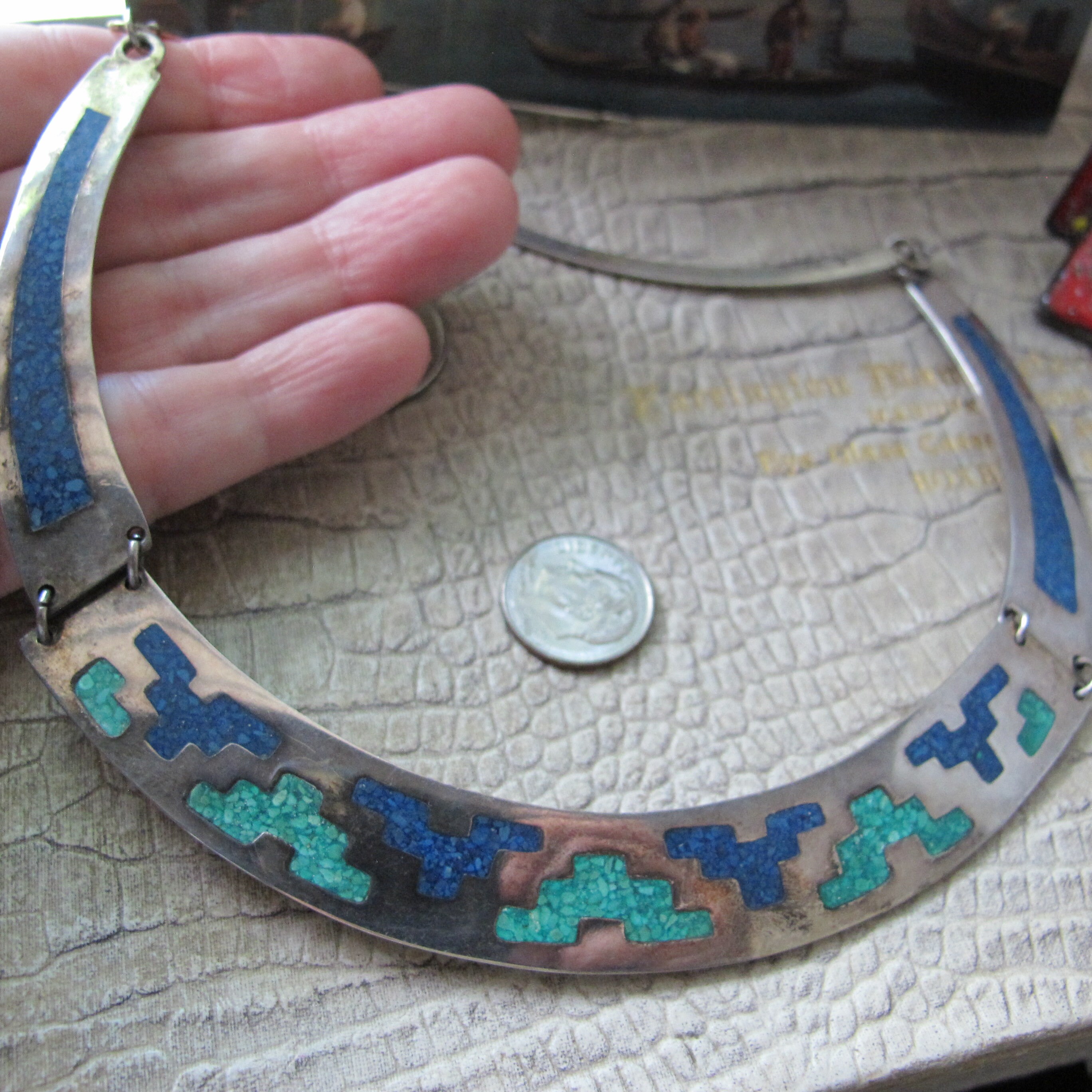 Aztec Enamel Silver Tone Mexican Collar Necklace. Mosaic | Etsy