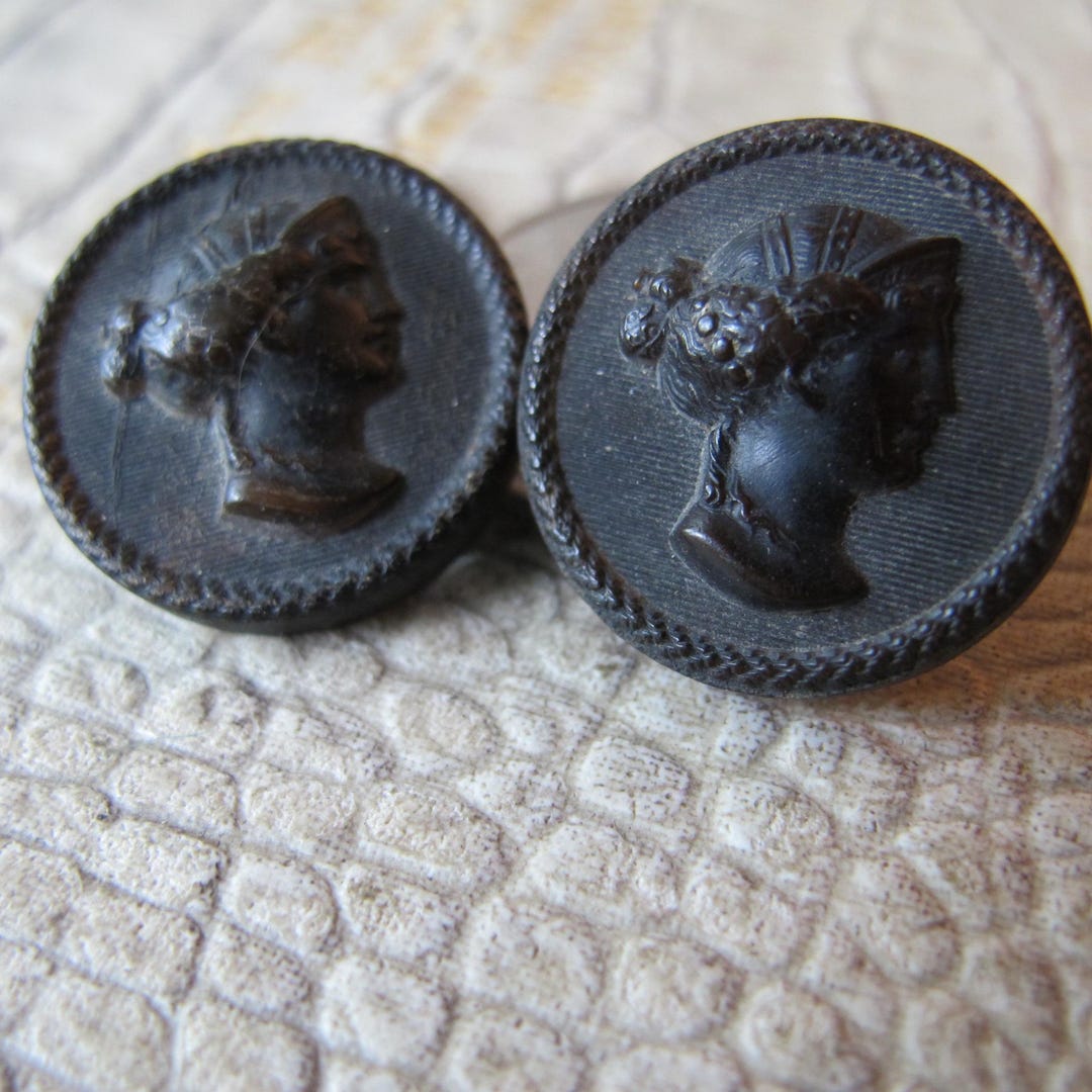 Antique Horn Cameo Buttons, 2 Matching Elegant Old World Buttons, Metal ...