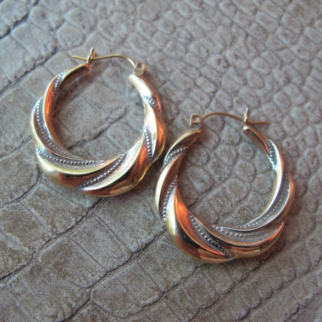 SLC 14k 2 Tone Yellow & White Gold Hoop Pierced Earrings, Vintage ...
