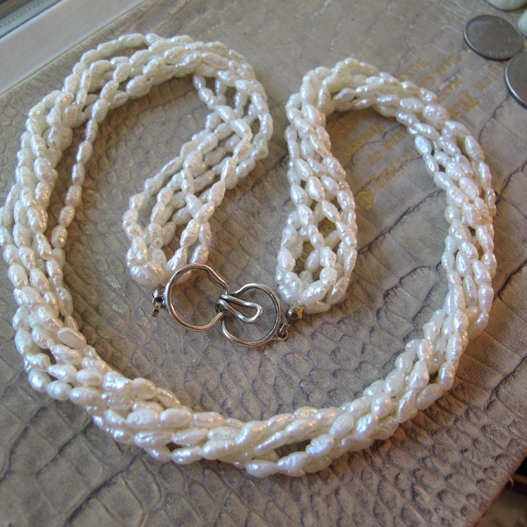 Pearl Bead Hand Strung, Sterling Clasp Necklace Torsade, Multi Strand ...