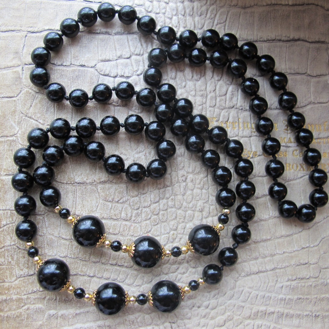 Long Black Stone Bead Necklace, Gold Tone Accent Beads, Continuous ...