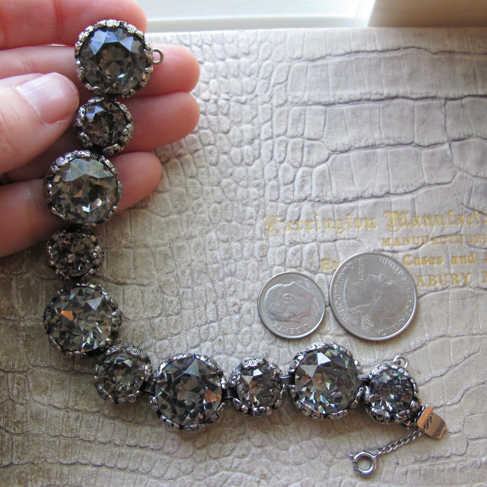 Brutalist Glamour Crystal Stone Gunmetal Gray Silver Tone Line ...