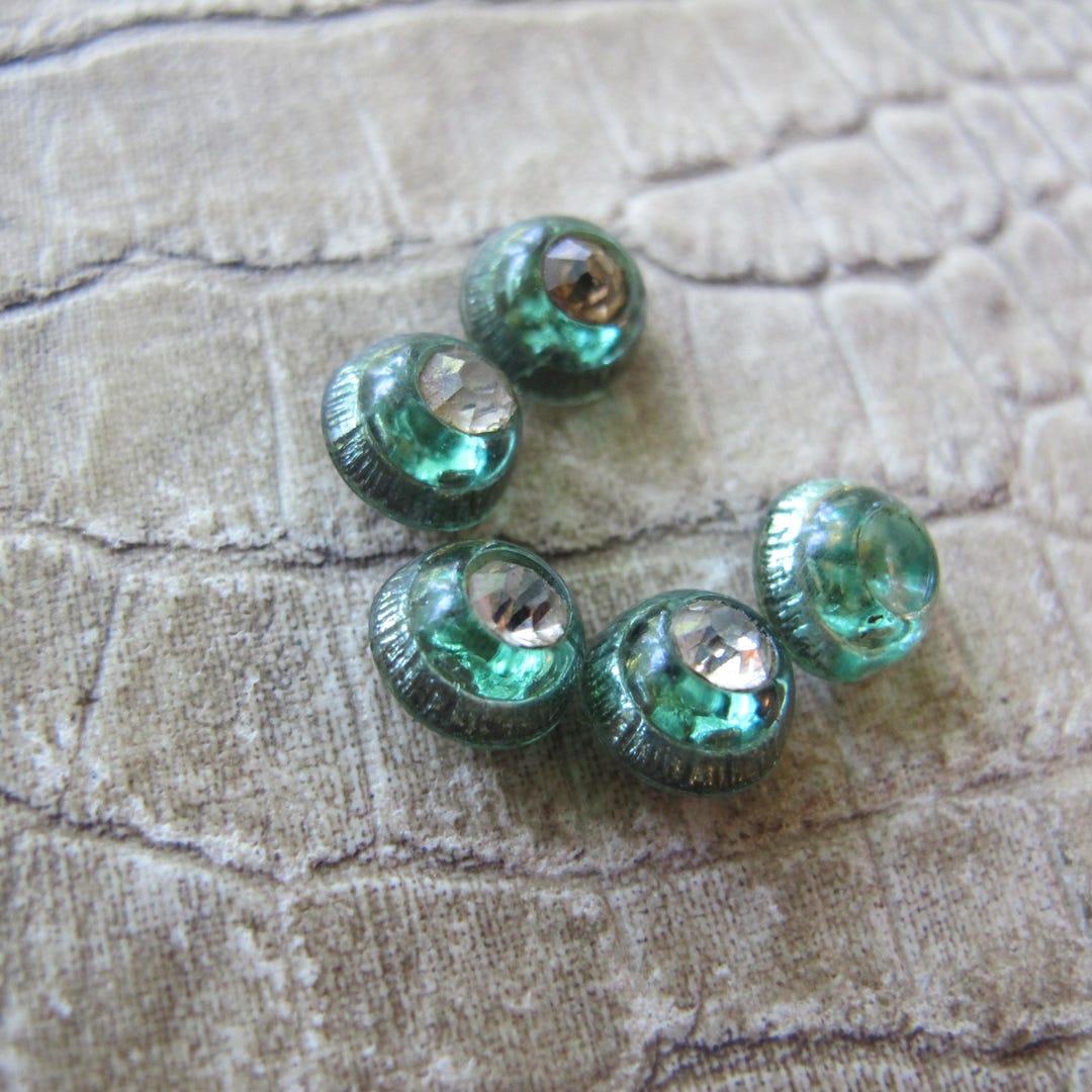 Antique Tiny Green Glass Buttons, W/ Rhinestone, Brass Metal Shanks ...