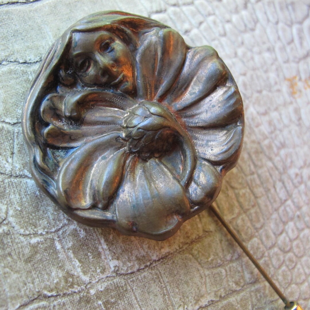 Art Nouveau Copper Vintage Flower Nymph Lady Stickpin, Edwardian Mucha ...