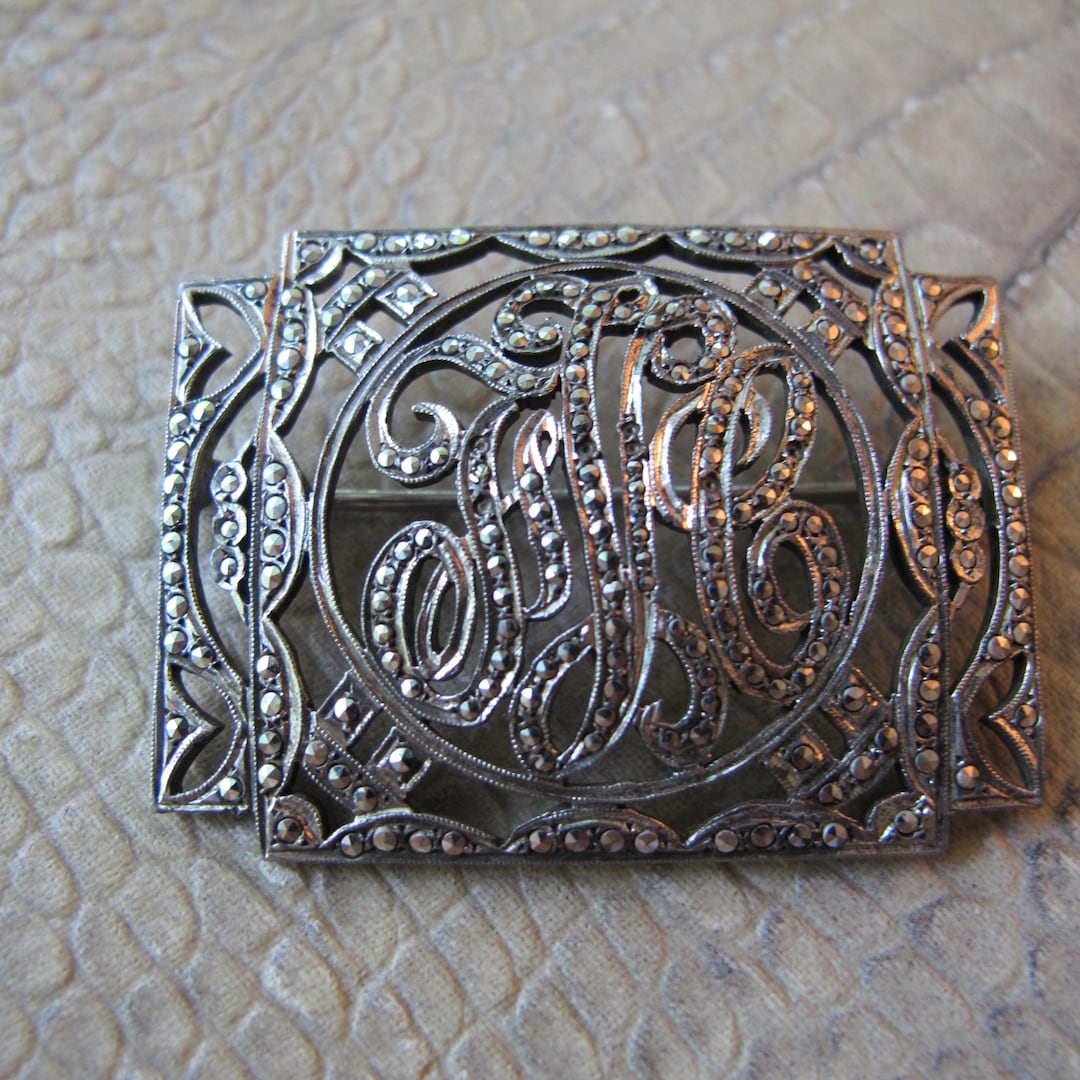 Art Deco Antique Monogram Brooch Pin, Open Metalwork, Marcasite ...