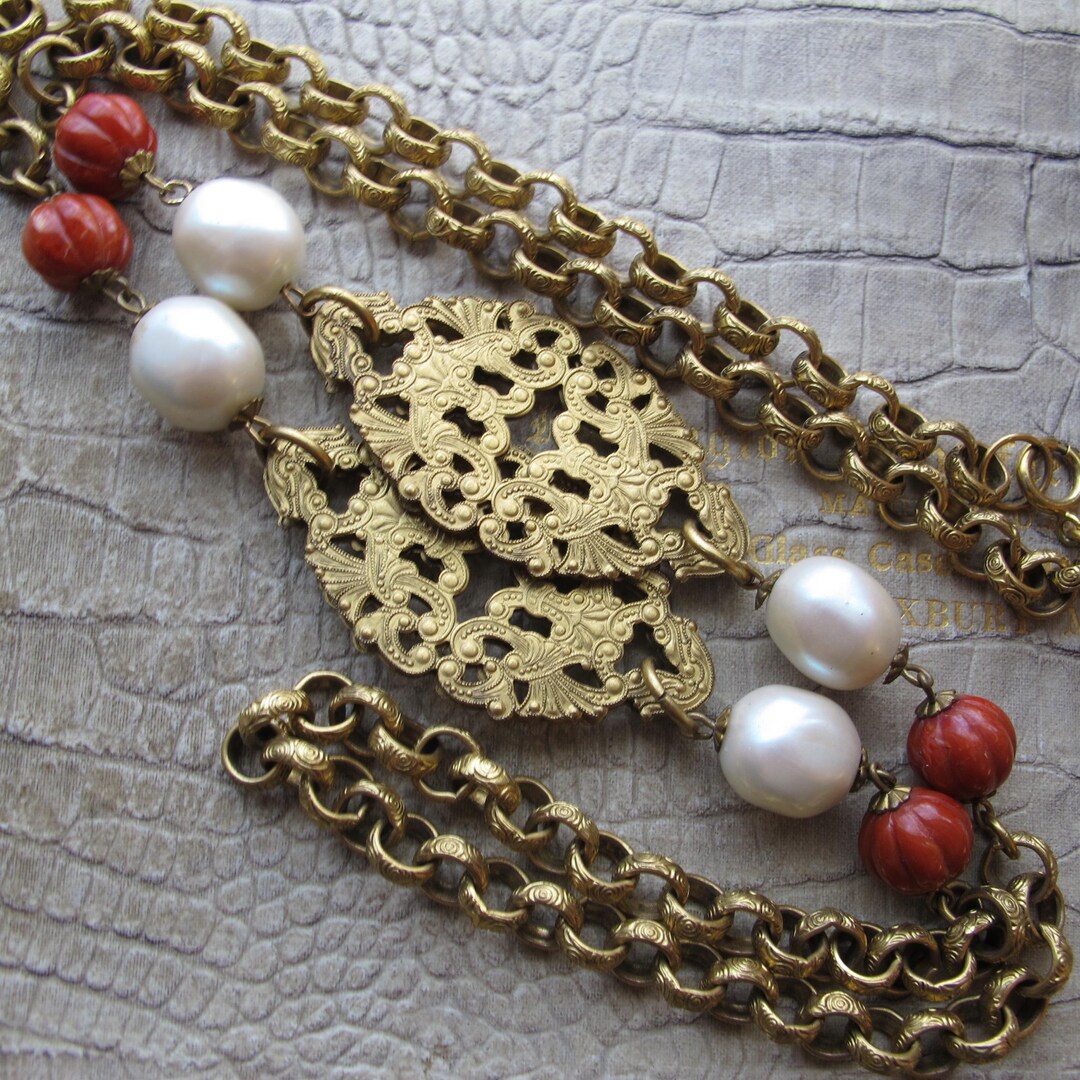 Art Deco Gilt Gold Rolling Link Chain Necklace, Stamped Brass Plate ...