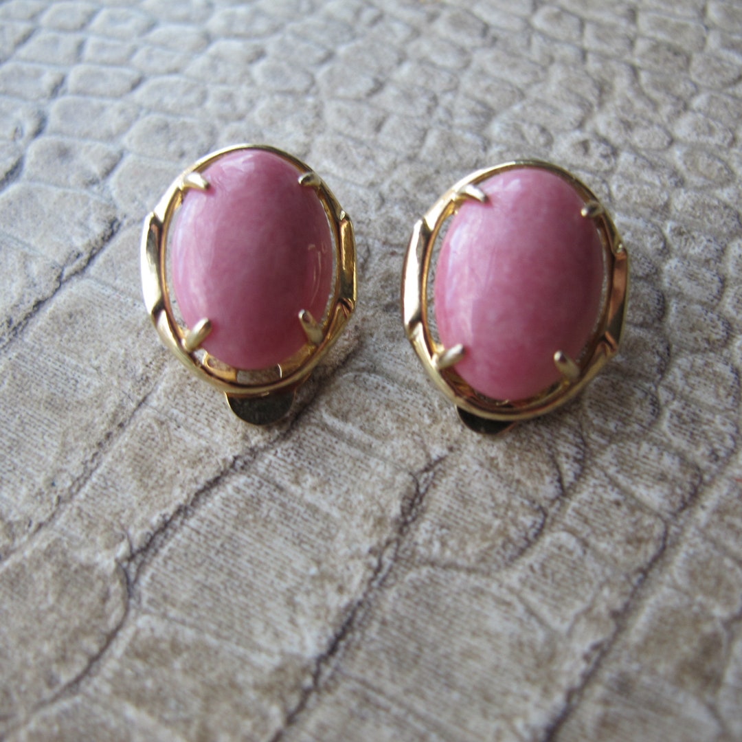 Rhodochrosite Pink Stone Small Clip Back Earrings, Gold Plated Prong ...