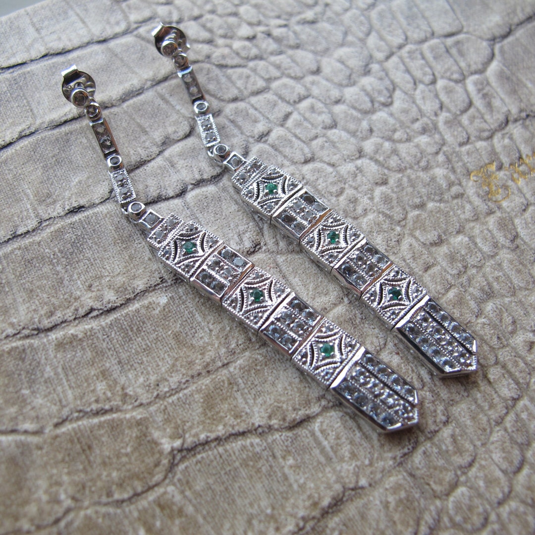 Art Deco 1920's Inspired Flapper Emerald Gemstone Long Pierced Dangle ...
