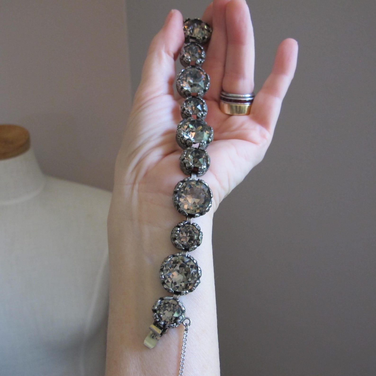 Brutalist Glamour Crystal Stone Gunmetal Gray Silver Tone Line ...