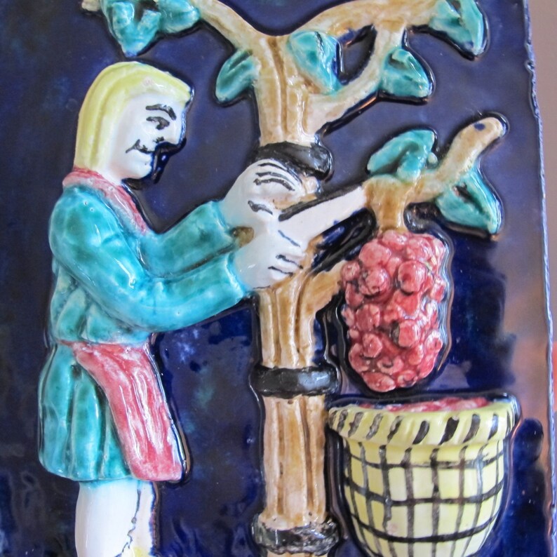 Vintner Grape Grower Glazed Ceramic Tile, Vintage Wall Tile Decor. WINE ...