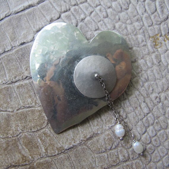 Handmade Artisan AH Heart Shaped Brooch Pin w/ Dangle… - Gem