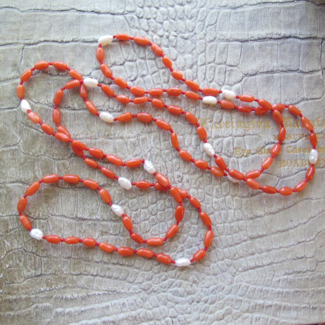 Coral & Pearl Bead Hand Strung, Hand Knotted Coral Silk Necklace ...