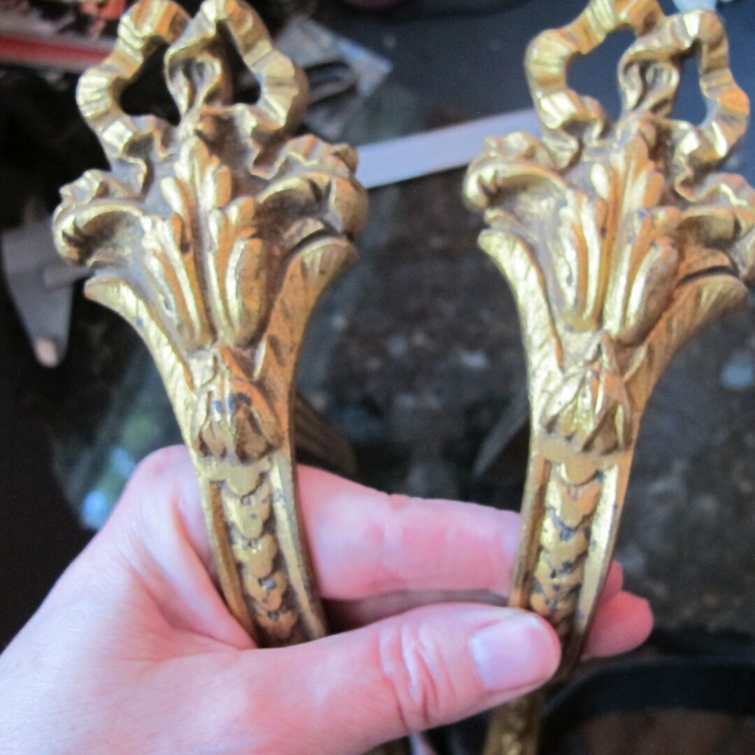 French Antique Curtain Stays Pulls, Gilt Floral Brass Tone Metal ...