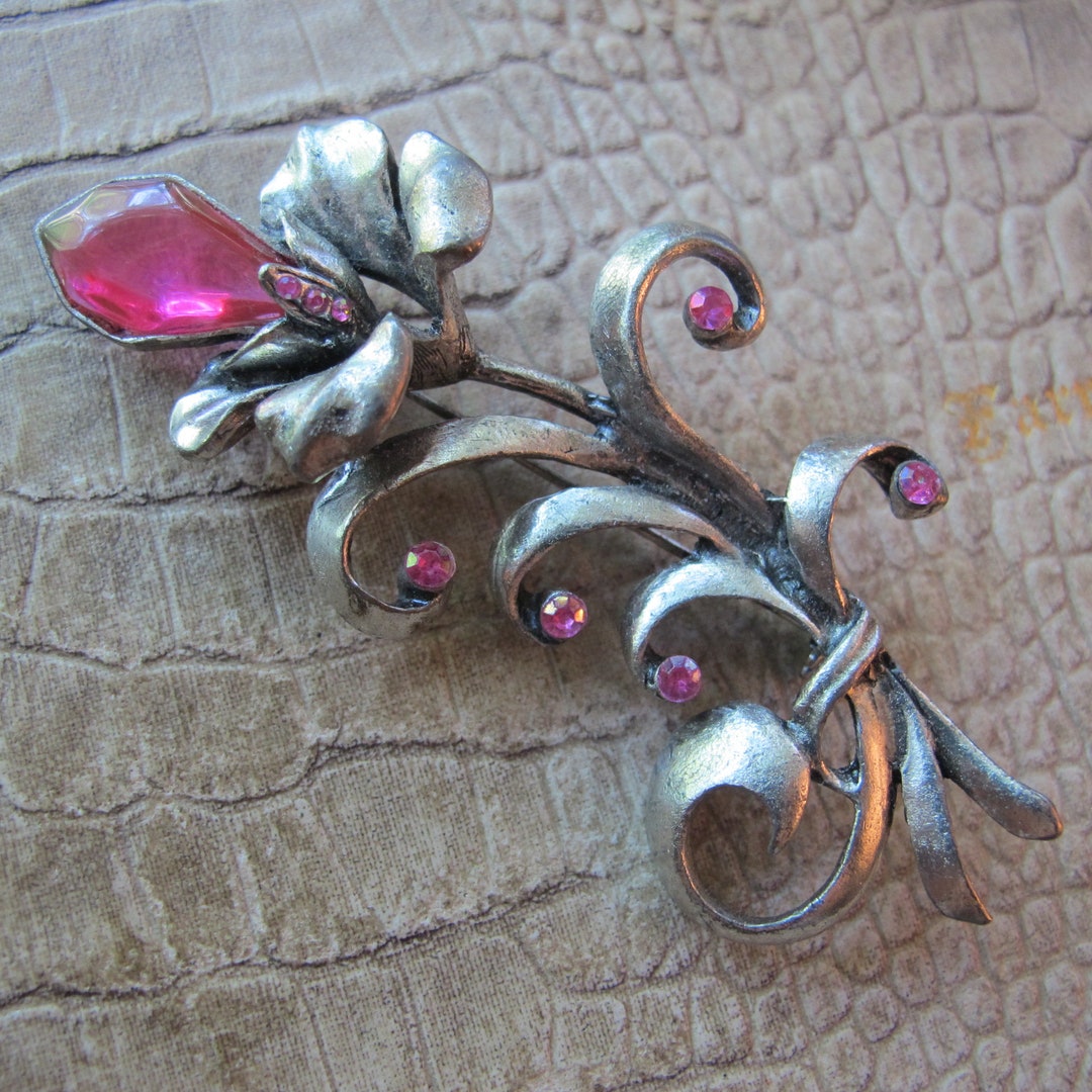 Pink Stone Pot Metal Silver Tone Floral Brooch Pin, Makers' Mark ...