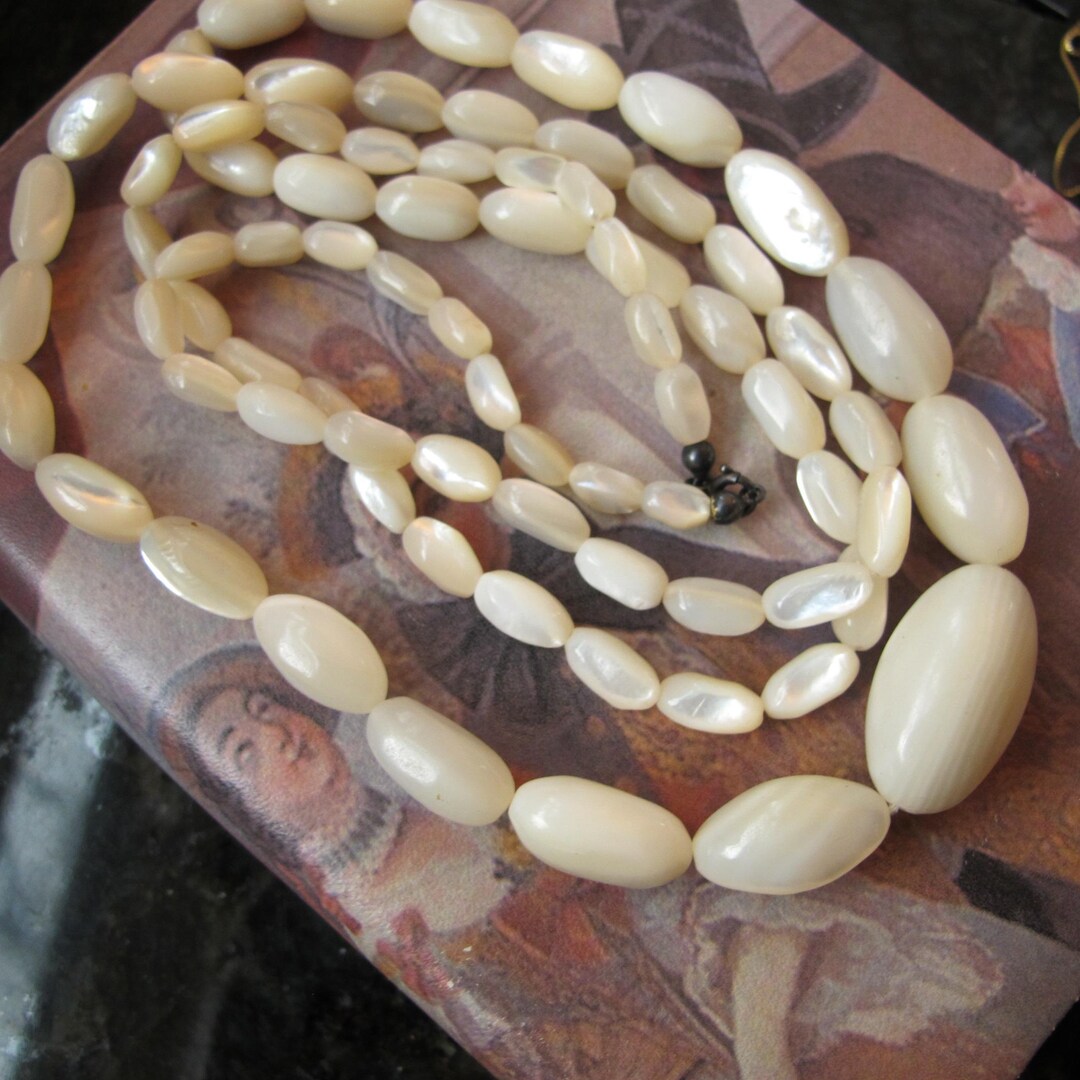 Long Mother of Pearl, Pearl Shell MOP Shell Oblong Shaped Bead Antique Necklace, Early 20th ...