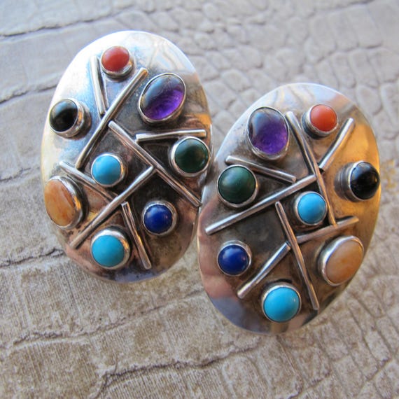 TK Sterling Multi Gemstone Statement Earrings, Pierce… - Gem