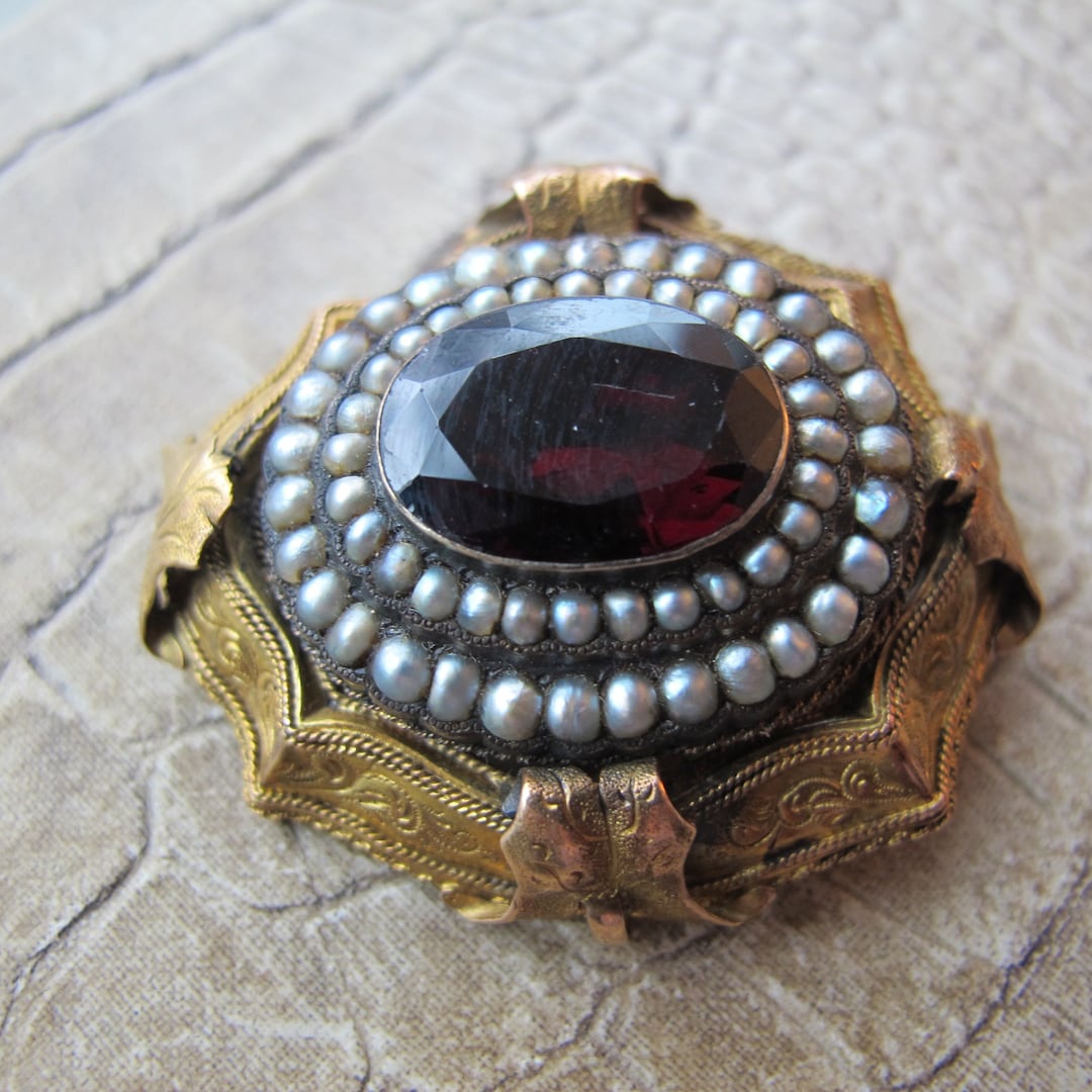 Georgian 15k Gold, Seed Pearl and Garnet Like Stone, Antique 1800's ...