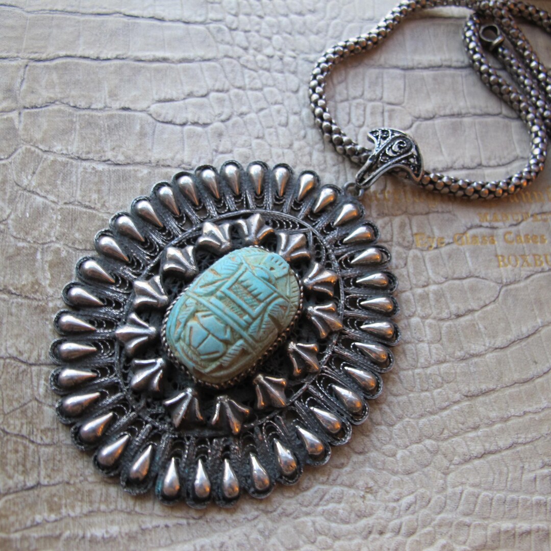 Egyptian Silver Major Statement SCARAB Filigree Pendant Medallion ...