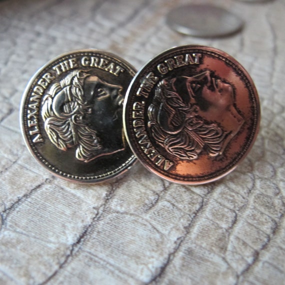Alexander the Great Faux Coin Gold Tone Earrings, Cli… - Gem