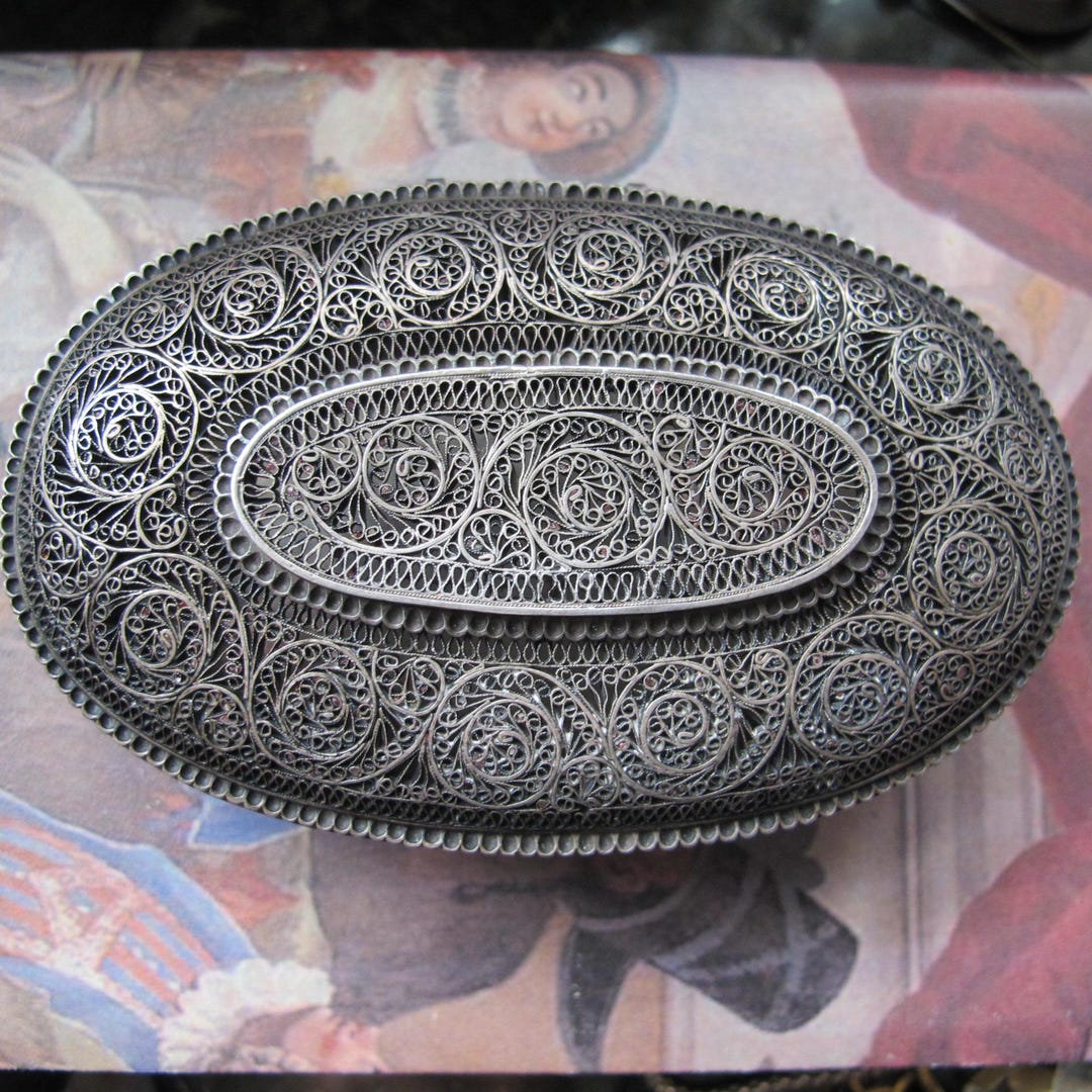Antique Silver Filigree Cannetille Snuff, Spice, Besamim Betzalel Oval ...