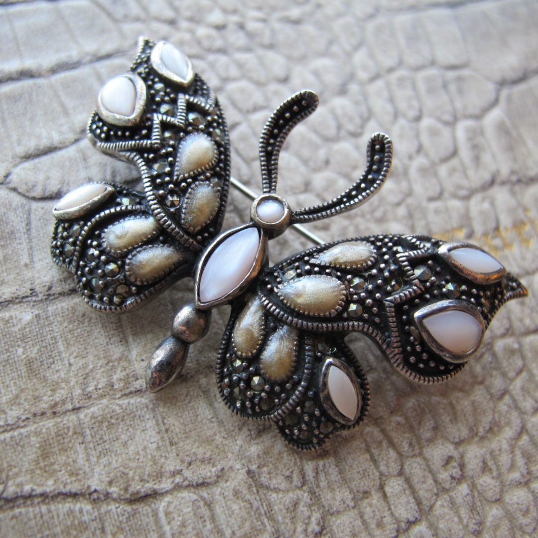 Butterfly of MOP Mother of Pearl Shell Sterling Silver, Marcasite ...