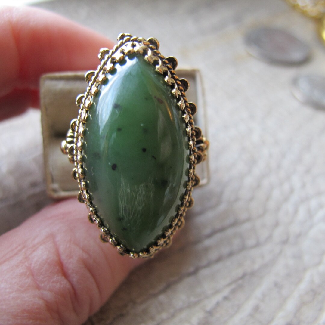 14k Yellow Gold Tribal Chic JADE Cocktail Statement Ring, Estate Fine Jewelry Vintage Age, Big ...