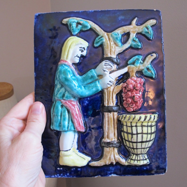 Vintner Grape Grower Glazed Ceramic Tile, Vintage Wall Tile Decor. WINE ...