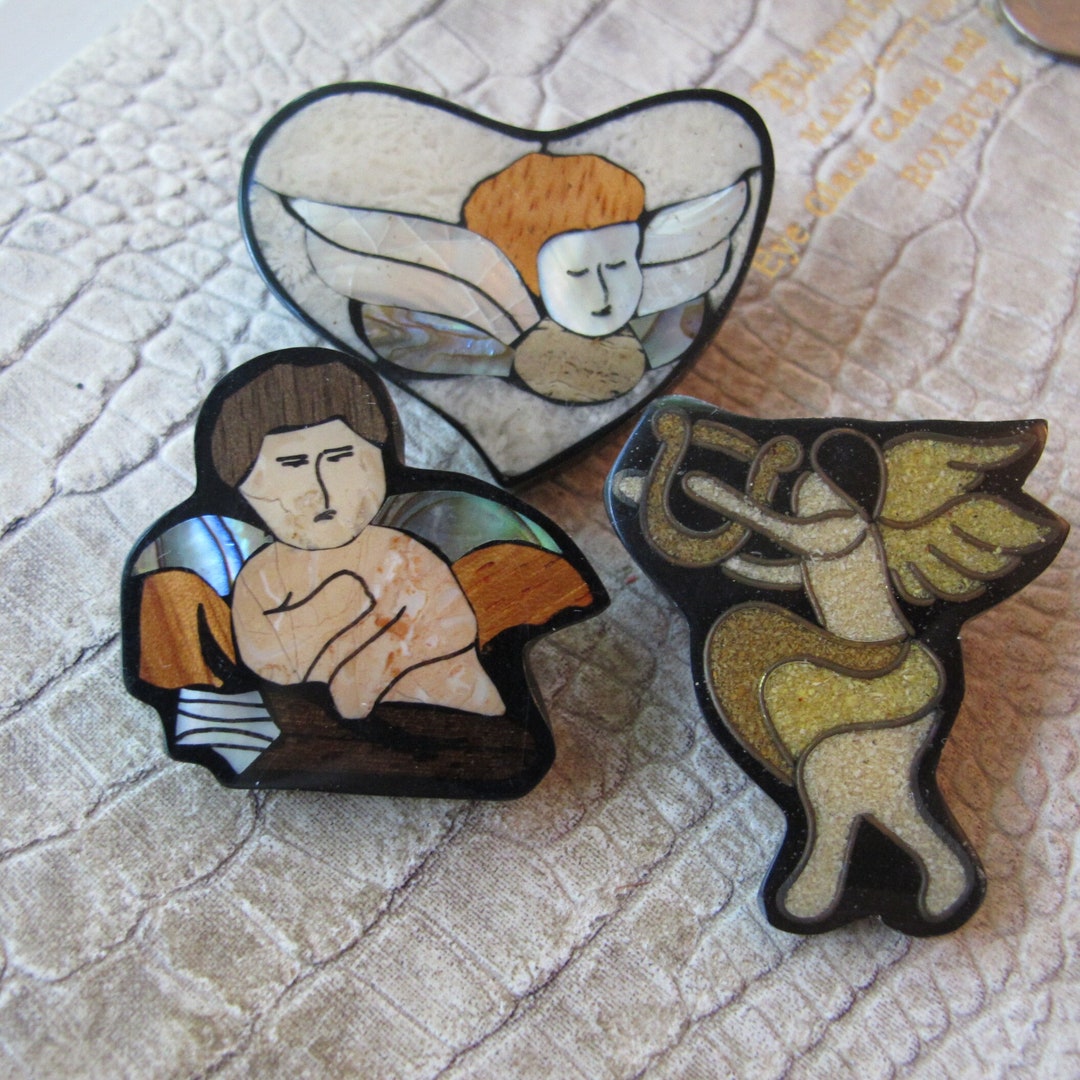 80's Handcrafted Mosaic Angel Pins, 3 Group Grouping Pins, Scatter Pin ...